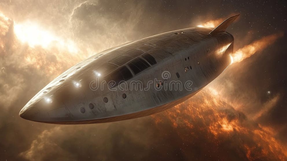 Grey Spaceship Soaring through Orange Nebula Stock Illustration ...