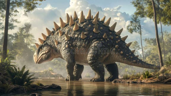 Grey Spiked Dinosaur in a Misty Forest Stock Illustration ...