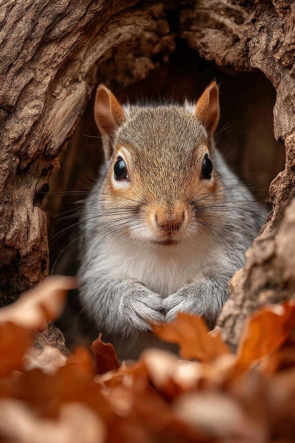 Grey Squirrel Peeking from Tree Hole in Autumn Stock Illustration - Illustration of small, light ...