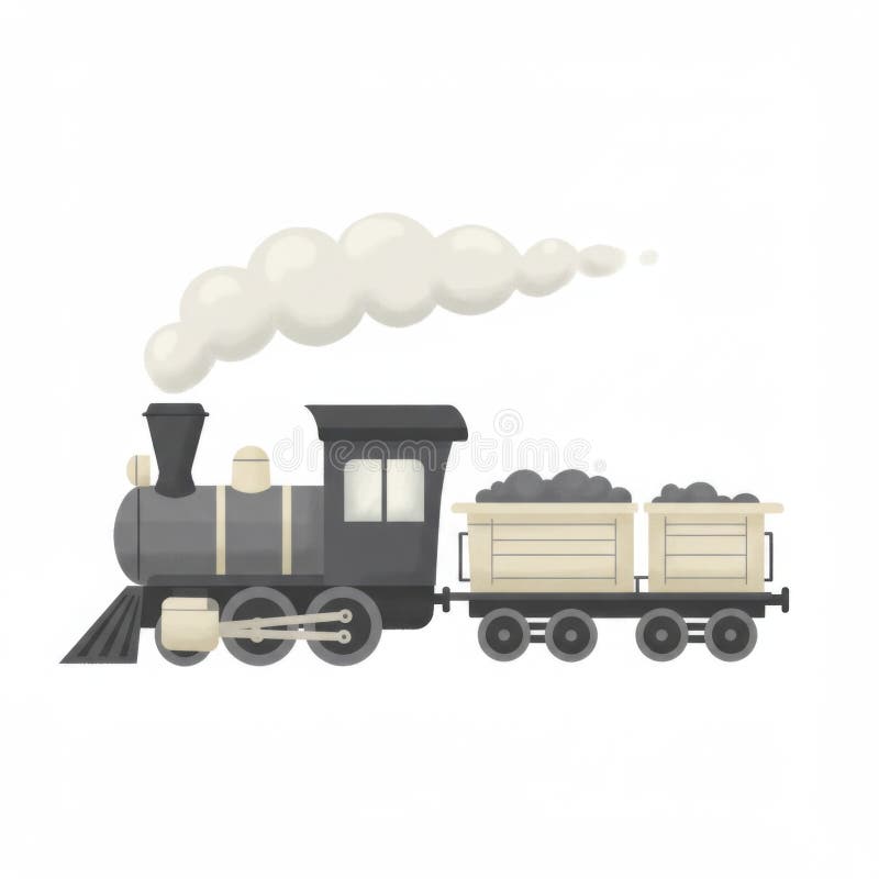 Grey Steam Train with Coal Carriages Puffing Smoke on Isolated White ...