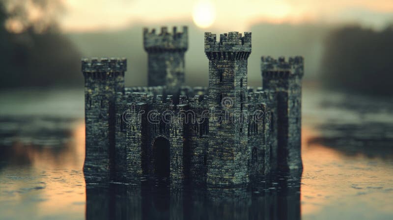 Grey Stone Castle at Sunset on Calm Lake Stock Illustration ...
