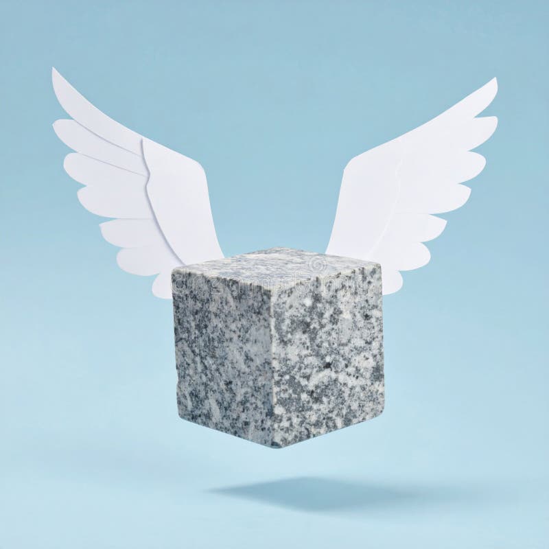 Grey Stone Cube with White Paper Wings on Light Blue Background Stock ...