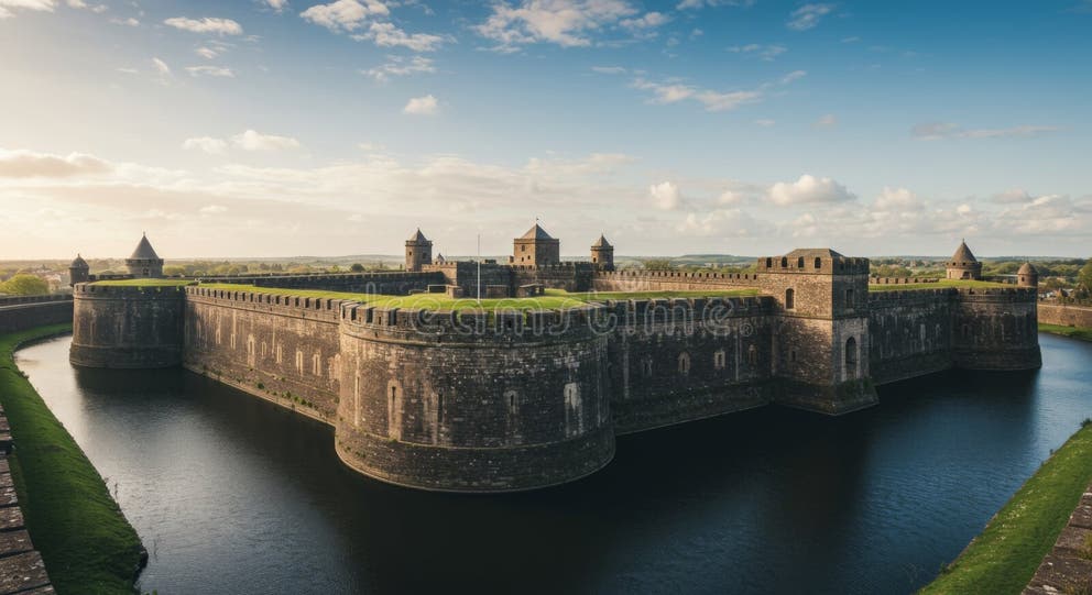 Grey Stone Medieval Castle with Moat Under Sunny Sky Stock Illustration ...