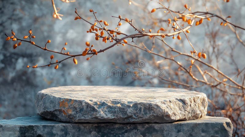Grey Stone Platform with Spring Branches Stock Illustration ...