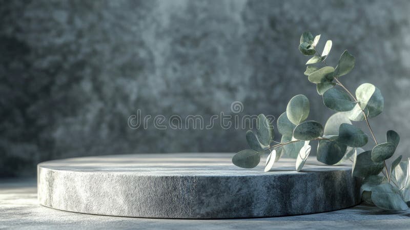 Grey Stone Product Display Platform with Eucalyptus Leaves Stock ...