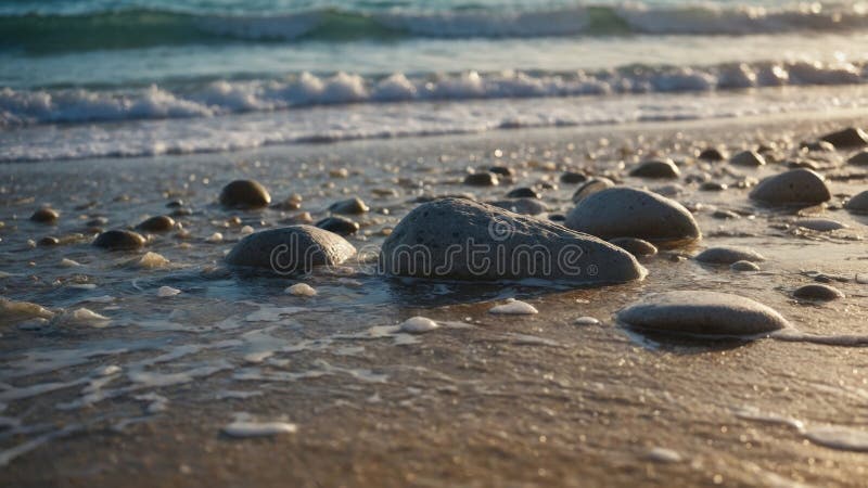 Grey Stone on Sandy Beach Surrounded by Foamy Seawater. Stock ...