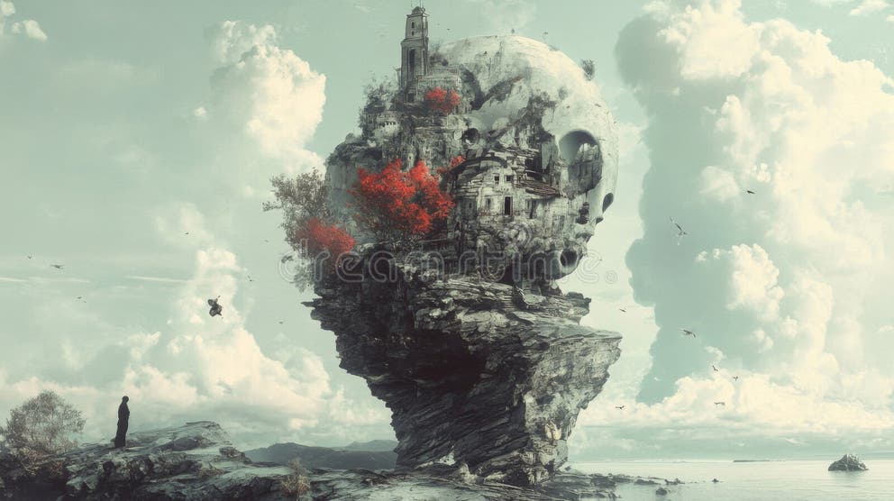 Grey Stone Sculpture Exploding Red in a Dramatic Seascape Stock ...