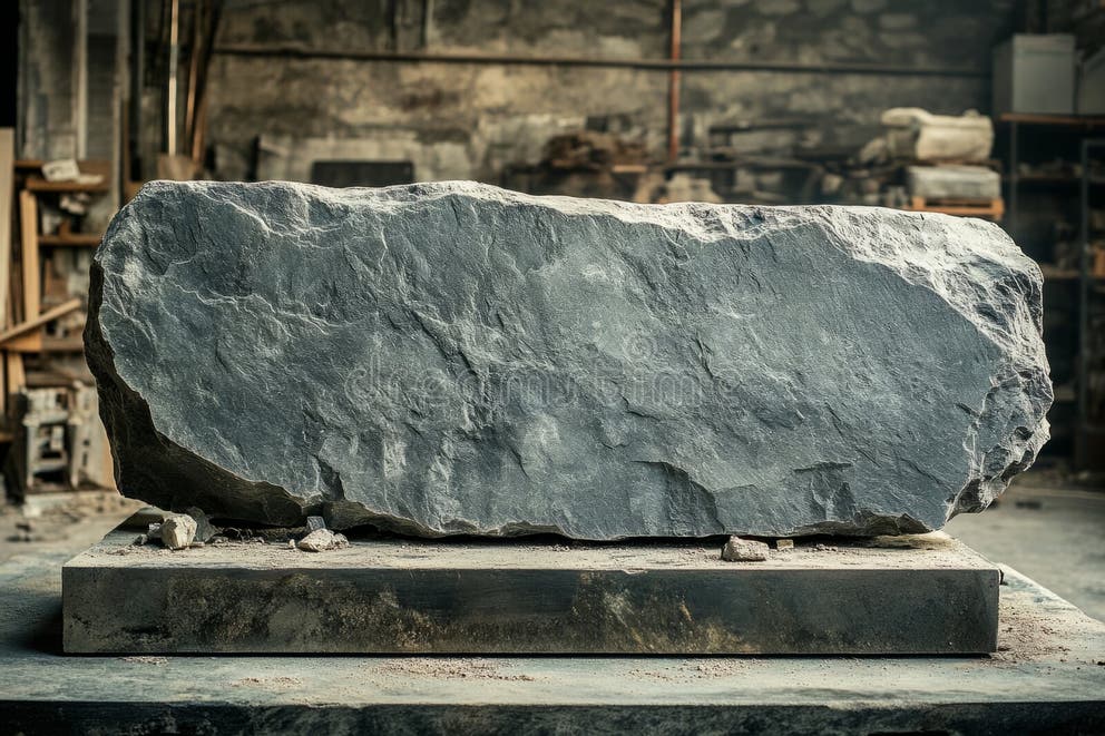 Grey Stone Slab Resting on a Workbench in a Workshop, Showing Signs of ...