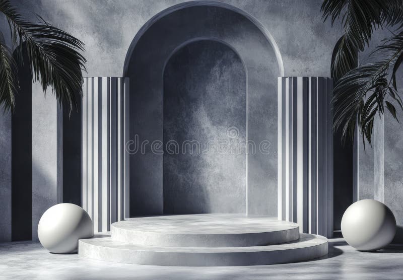 Grey Stone Minimalist Display Platform with Arches and White Spheres ...