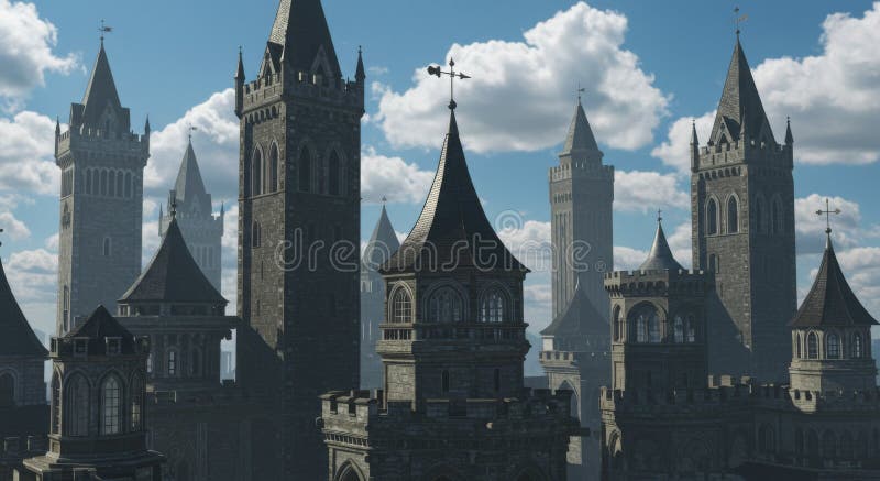 Grey Stone Towers Medieval Castle City Landscape Stock Illustration ...