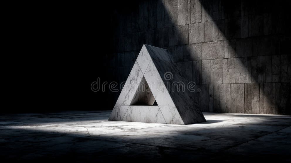 Grey Stone Triangle Sculpture in Dark Room Stock Illustration ...