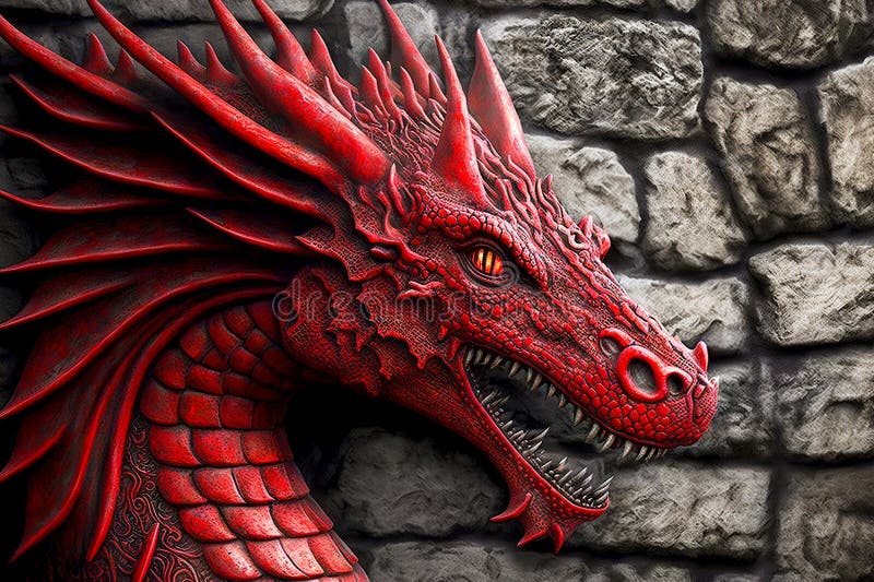 Grey Stone Wall with Image of Head of Red Dragons Stock Illustration ...