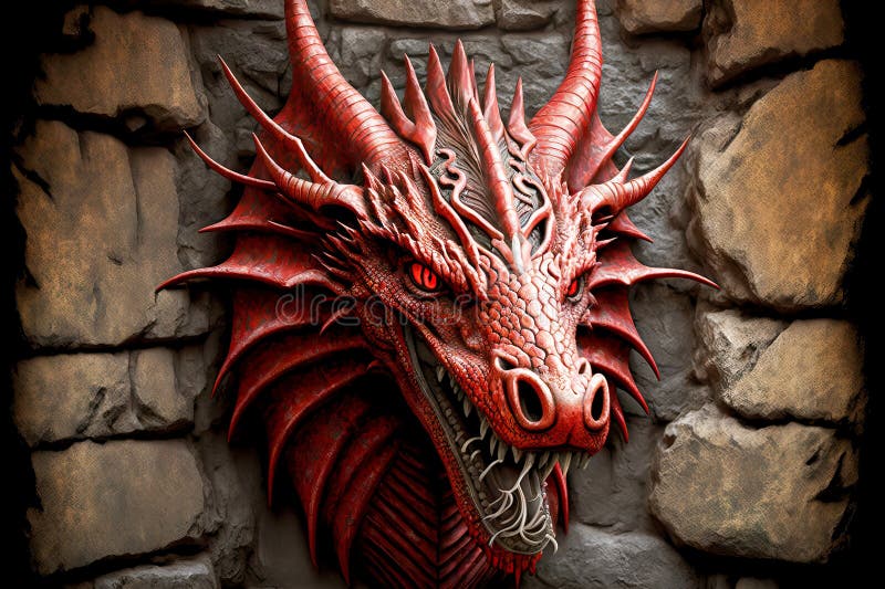 Grey Stone Wall with Image of Head of Red Dragons Stock Illustration ...