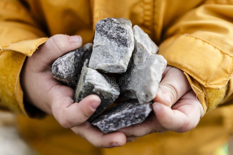 Grey Stones in Cute Small Child Hands Stock Photo - Image of closeup ...