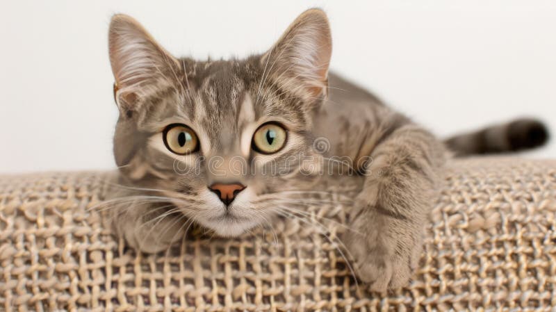 A Grey Tabby Cat with Green Eyes Rests on a Rope Scratching Post Stock ...