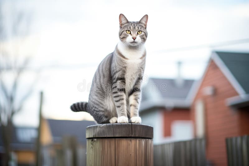 A Grey Tabby Cat Perched Atop a Rustic Wooden Fence Post Stock ...