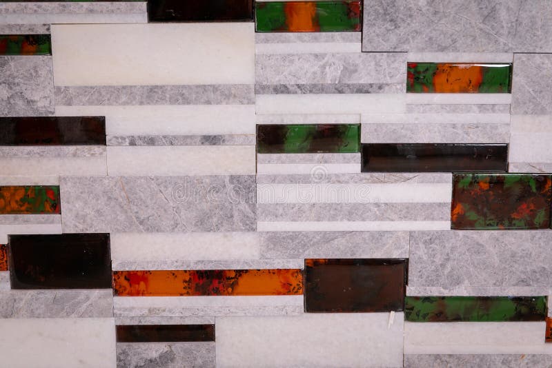 Grey Tile with Decorative Horizontal Inserts of Multi-colored Marble ...