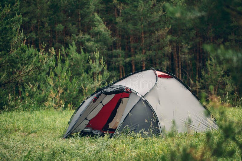 Grey Tourist Tent in Summer Forest Stock Photo - Image of resort ...