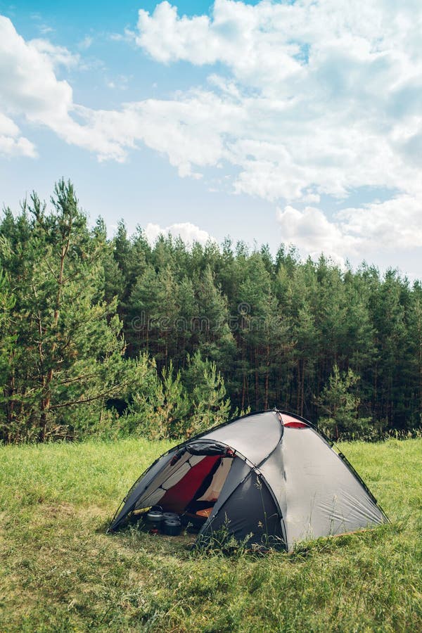 Grey Tourist Tent in Summer Forest Stock Image - Image of resort ...