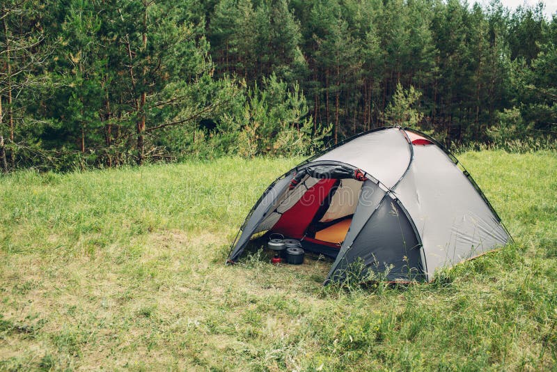 Grey Tourist Tent in Summer Forest Stock Photo - Image of extreme ...