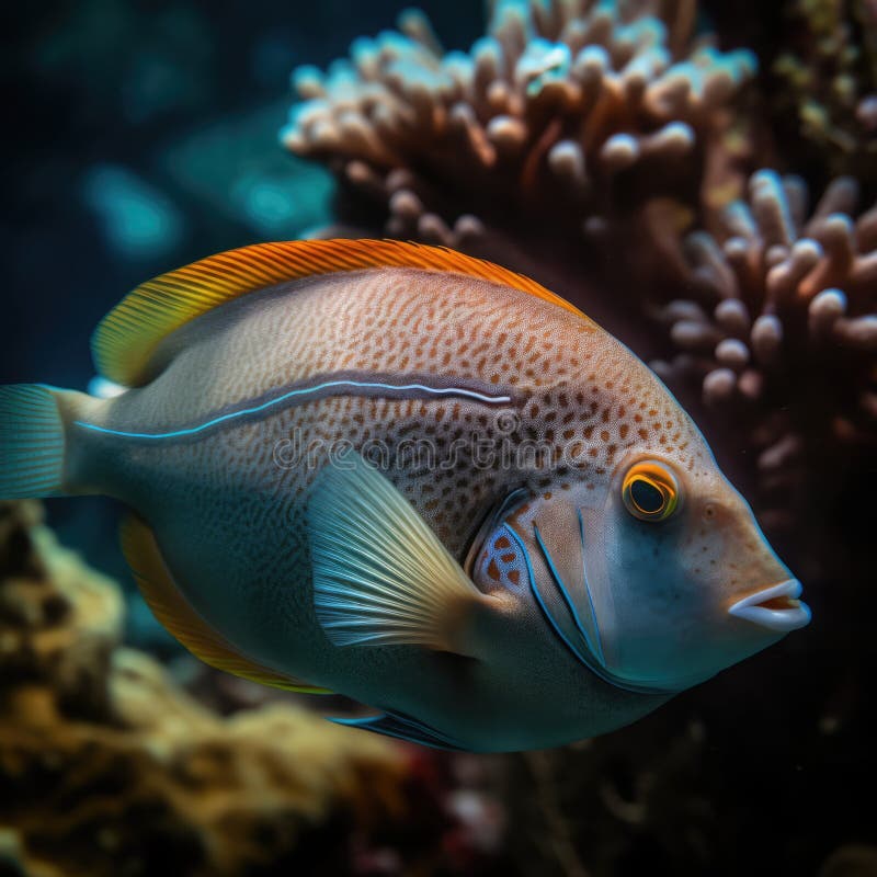 Grey Tropical Fish with Pattern and Coral Reef in Sea, Created Using ...