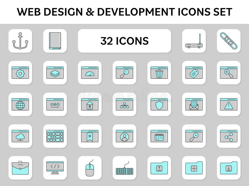 Grey and Turquoise Web Development Icon Set on White Square Stock ...