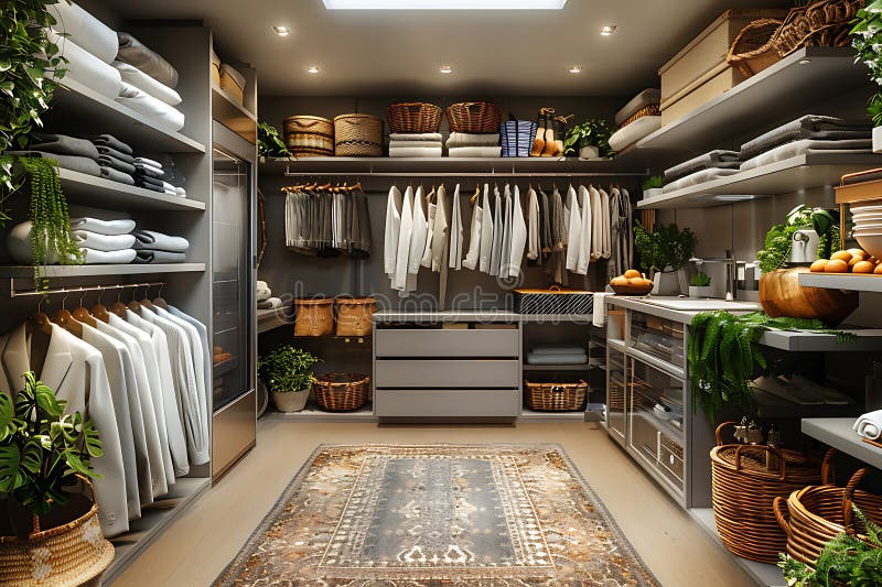 Grey Walk-in Closet with Built-in Fridge: Modern Storage Solutions ...