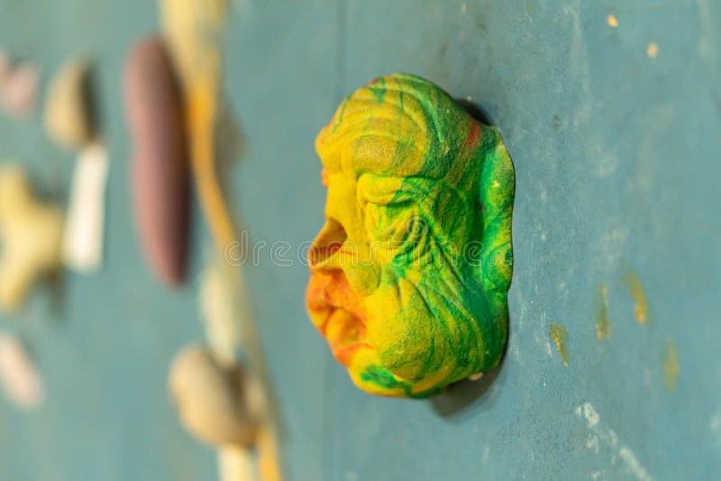 Blue Climbing Wall with Colorful Climbing Holds Rock in Gym Stock Photo ...