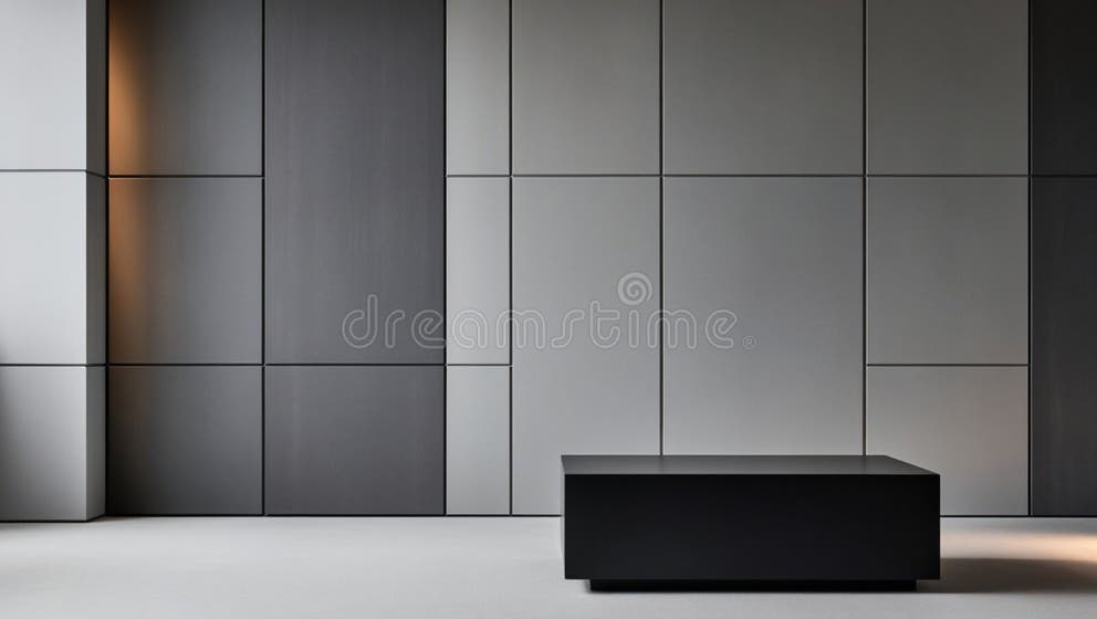 Grey Wall Panels and a Black Side Table in Minimalistic Interior Design ...