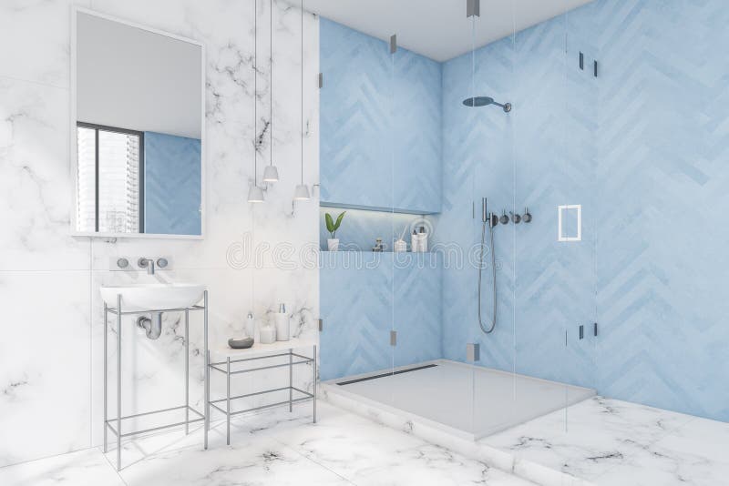 Grey White and Blue Shower Room with Frame Vanity Unit Stock ...