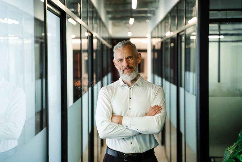 Grey White Man Smiling at Camera in Office Stock Photo - Image of ...