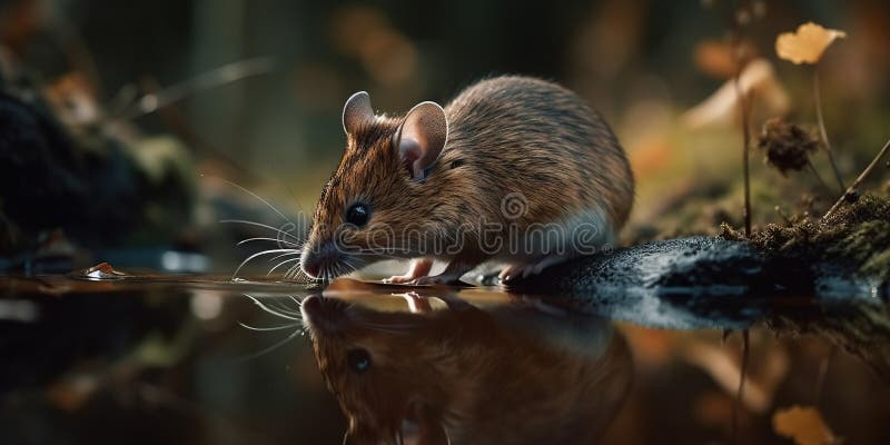 Grey Wild Mouse Drinks Water Form the Puddle in the Forest Stock Image ...