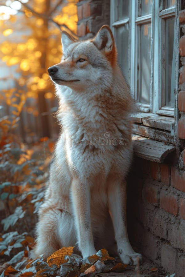 A Grey Wild Wolf is Sitting Near the House Stock Image - Image of guard ...