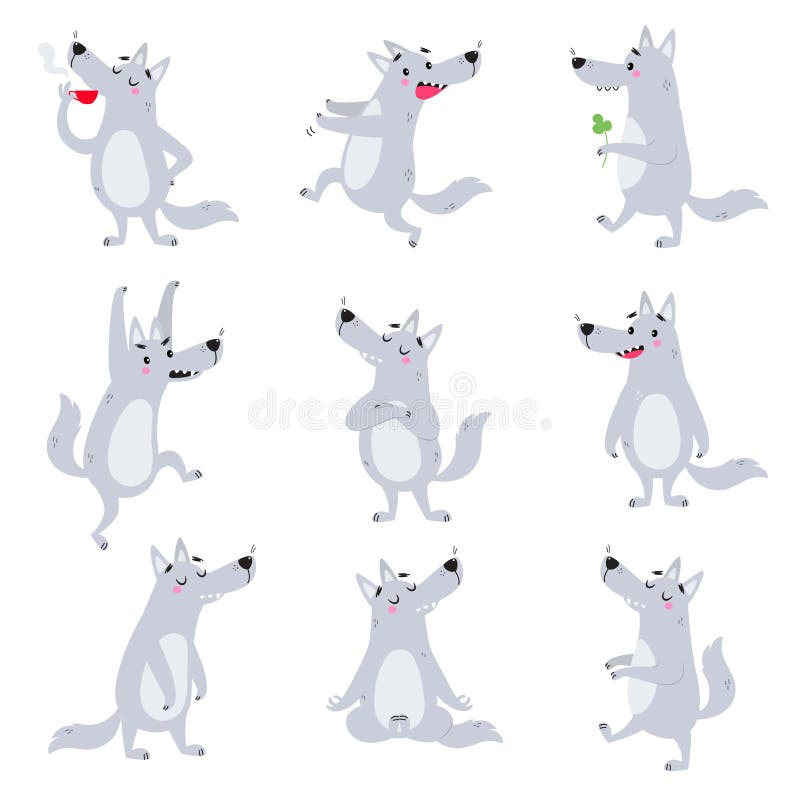 Grey Wolf Character with Pointed Muzzle Engaged in Different Activity ...
