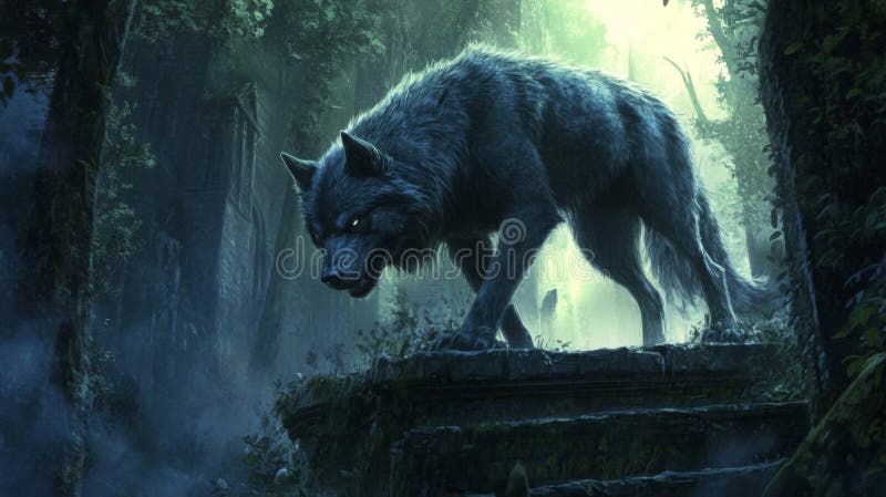 Grey Wolf in Dark Forest at Night Stock Illustration - Illustration of ...