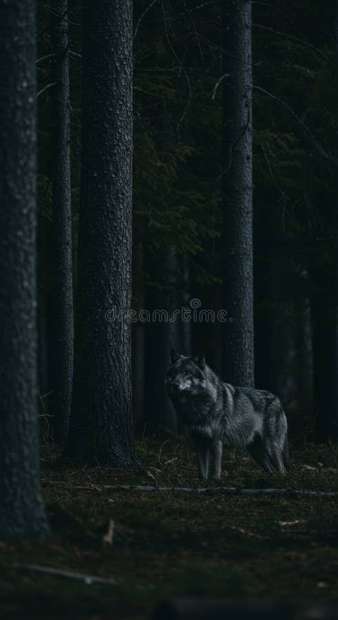 Grey Wolf in a Dark Forest at Night Stock Illustration - Illustration ...