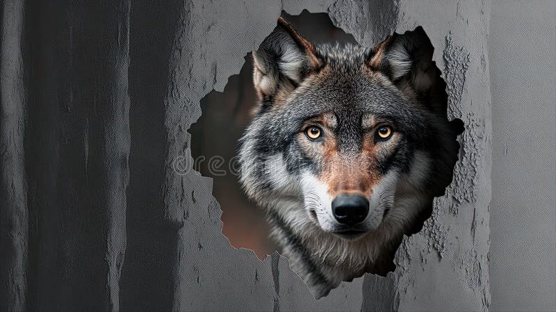 Grey Wolf Head Emerging from Ripped Metal Wall Stock Illustration ...
