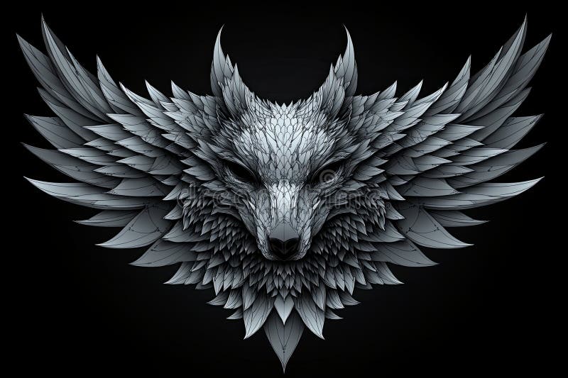 Grey Wolf Head with Feathered Wings, Fantasy Creature Design Stock ...