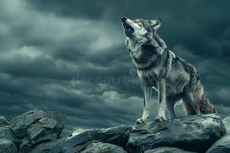 Grey Wolf Howling at the Dark Stormy Sky, Rendering Stock Illustration ...