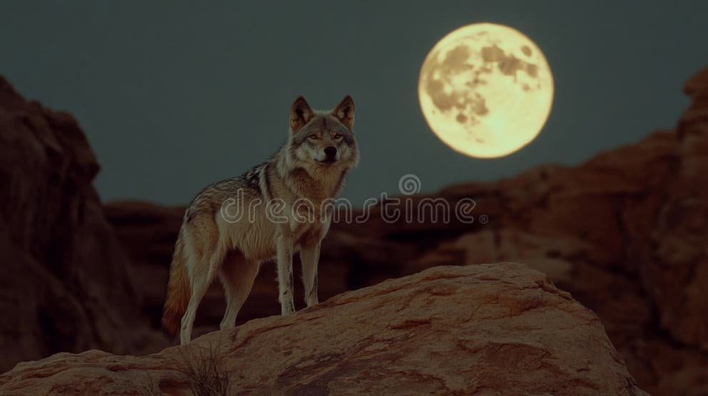 Grey Wolf Howling Under Full Moon in Desert Night Stock Illustration ...