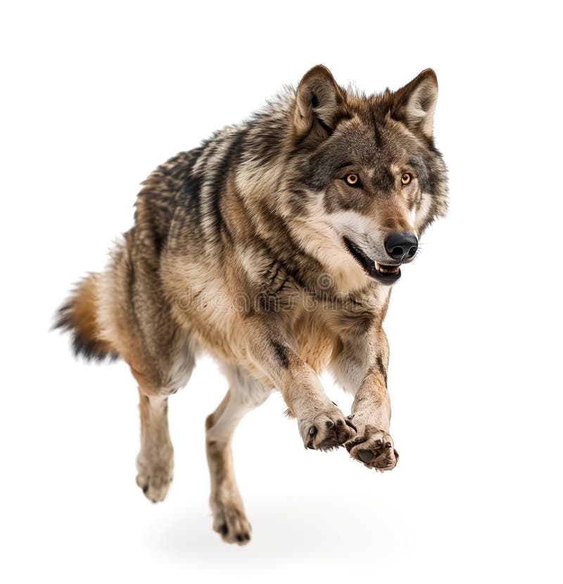 Grey Wolf Leaping Dynamically Against White Back Stock Photo - Image of ...