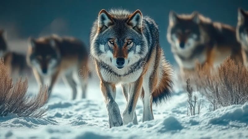 Grey Wolf Pack Walking in the Snow in Yellowstone National Park Stock ...