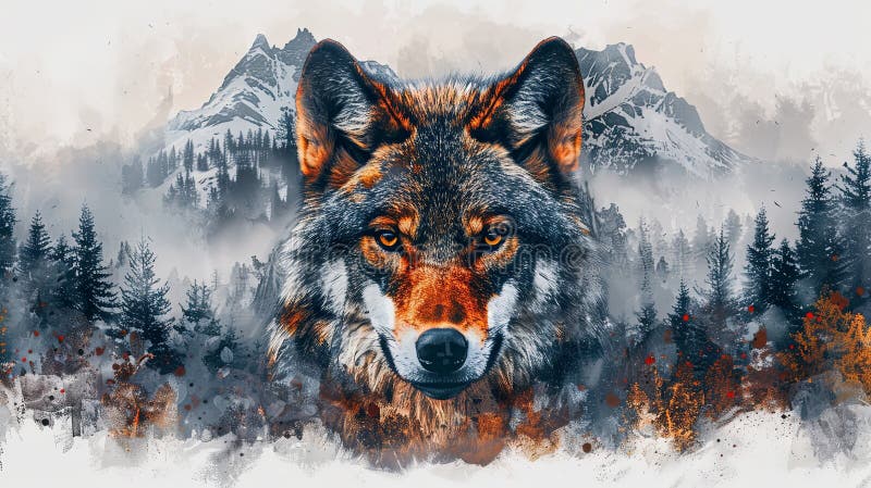 Wolf Portrait in the Mountains Closeup Graphic Design with Winter ...