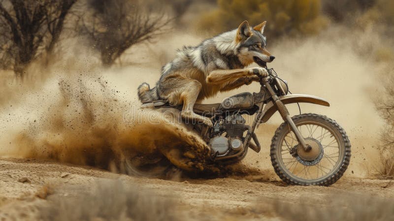 Grey Wolf Riding Vintage Motorcycle in Dusty Desert Stock Illustration ...