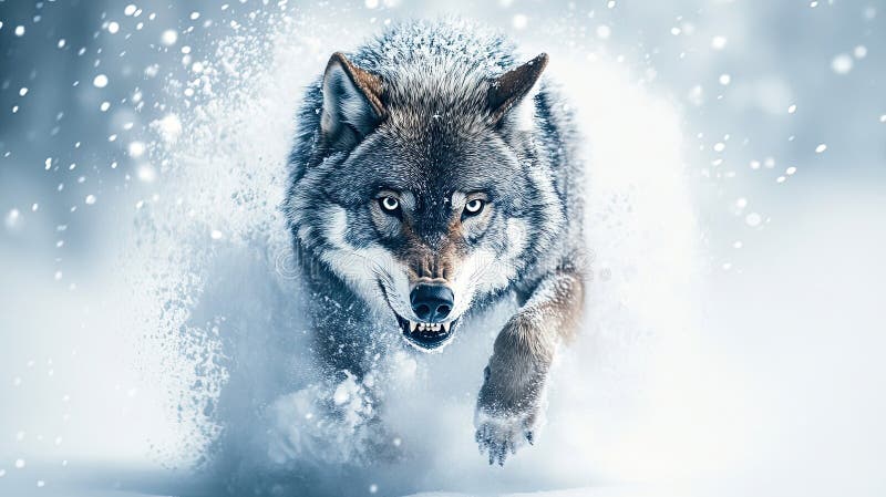 Grey Wolf Running through Snowstorm Stock Illustration - Illustration ...