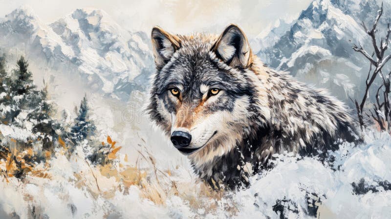 Grey Wolf in Snowy Mountain Winter Landscape Painting Stock ...
