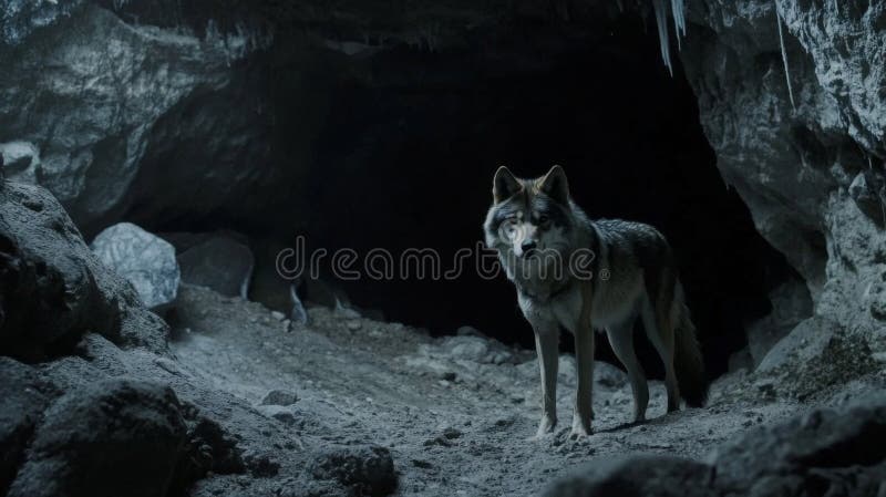Grey Wolf Standing in Dark Cave Entrance Stock Illustration ...