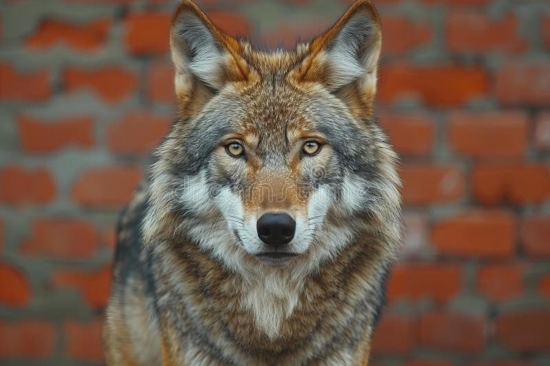 A Grey Wolf is Standing Right in Front of Red Brick Wall Stock ...