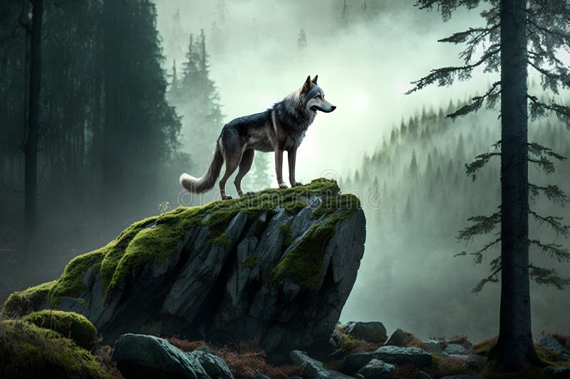Grey Wolf Standing on a Rock in the Forest. 3d Rendering Stock ...