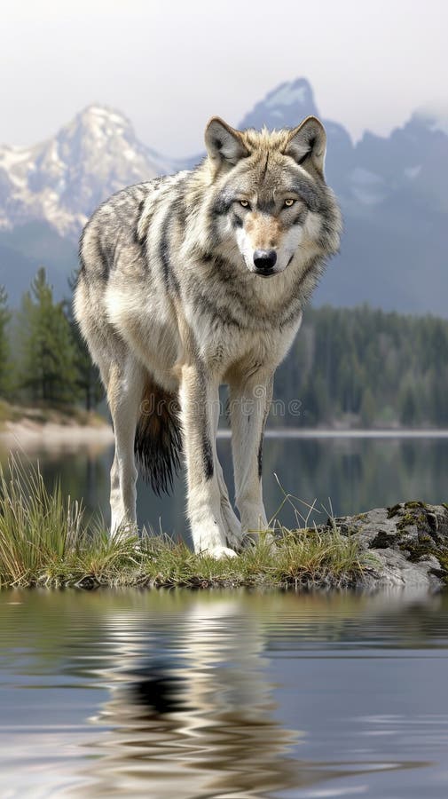 A Grey Wolf Stands Alertly on the Edge of a Mountain Lake, Its ...